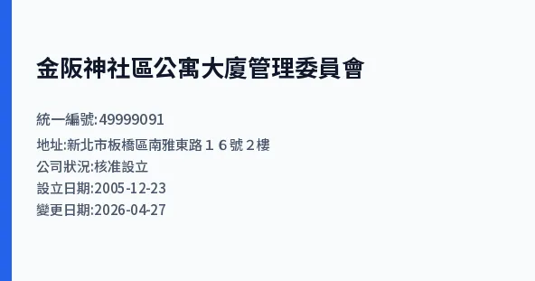 金阪神社區公寓大廈管理委員會的照片-統編 49999091(新北市) 公司登記資料與營業項目詳細圖表