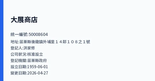 大展商店的照片-統編 50008604(苗栗縣) 公司登記資料與營業項目詳細圖表