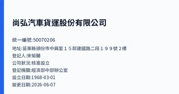 尚弘汽車貨運股份有限公司的照片-統編 50070206(苗栗縣) 公司登記資料與營業項目詳細圖表