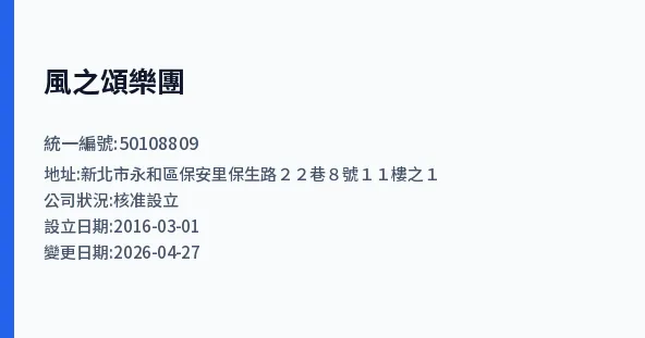 風之頌樂團的照片-統編 50108809(新北市) 公司登記資料與營業項目詳細圖表