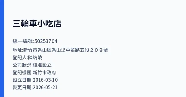 三輪車小吃店的照片-統編 50253704(新竹市) 公司登記資料與營業項目詳細圖表