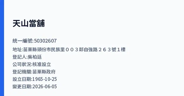 天山當舖的照片-統編 50302607(苗栗縣) 公司登記資料與營業項目詳細圖表