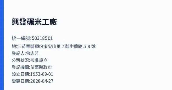 興發碾米工廠的照片-統編 50318501(苗栗縣) 公司登記資料與營業項目詳細圖表