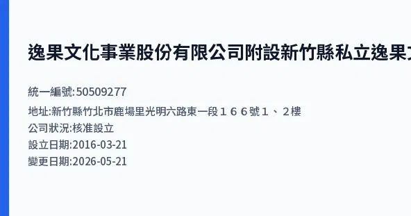 逸果文化事業股份有限公司附設新竹縣私立逸果文理技藝短期補習班的照片-統編 50509277(新竹縣) 公司登記資料與營業項目詳細圖表