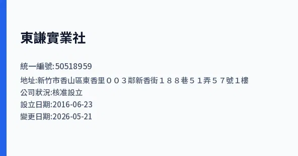 東謙實業社的照片-統編 50518959(新竹市) 公司登記資料與營業項目詳細圖表