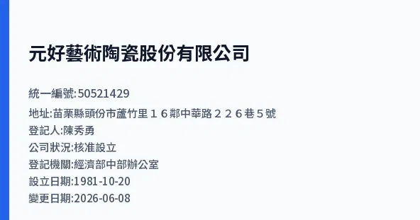 元好藝術陶瓷股份有限公司的照片-統編 50521429(苗栗縣) 公司登記資料與營業項目詳細圖表