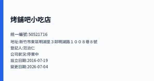 烤舖吧小吃店的照片-統編 50521716(新竹市) 公司登記資料與營業項目詳細圖表