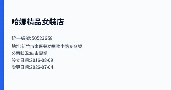 哈娜精品女裝店的照片-統編 50523658(新竹市) 公司登記資料與營業項目詳細圖表