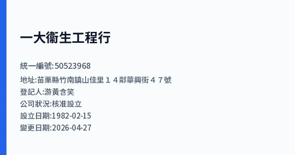 一大衞生工程行的照片-統編 50523968(苗栗縣) 公司登記資料與營業項目詳細圖表
