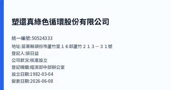 塑還真綠色循環股份有限公司的照片-統編 50524333(苗栗縣) 公司登記資料與營業項目詳細圖表