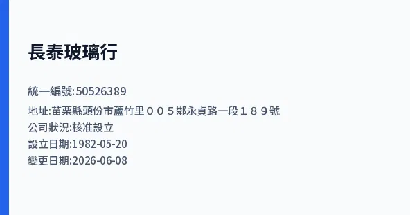 長泰玻璃行的照片-統編 50526389(苗栗縣) 公司登記資料與營業項目詳細圖表