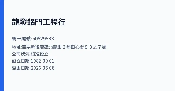 龍發鋁門工程行的照片-統編 50529533(苗栗縣) 公司登記資料與營業項目詳細圖表
