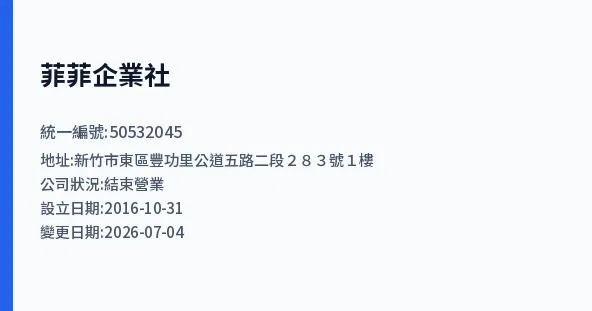 菲菲企業社的照片-統編 50532045(新竹市) 公司登記資料與營業項目詳細圖表