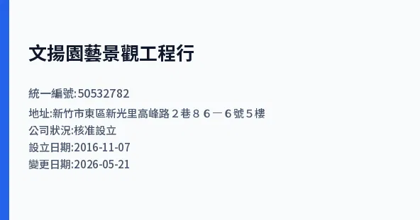 文揚園藝景觀工程行的照片-統編 50532782(新竹市) 公司登記資料與營業項目詳細圖表