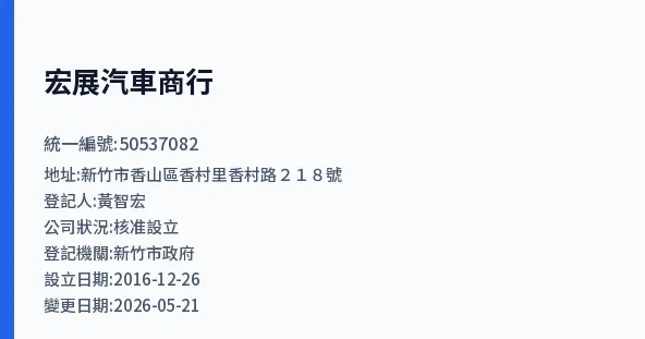 宏展汽車商行的照片-統編 50537082(新竹市) 公司登記資料與營業項目詳細圖表