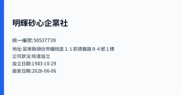 明輝砂心企業社的照片-統編 50537739(苗栗縣) 公司登記資料與營業項目詳細圖表