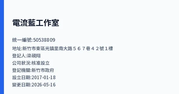 電流藍工作室的照片-統編 50538809(新竹市) 公司登記資料與營業項目詳細圖表