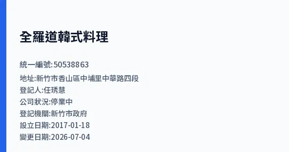 全羅道韓式料理的照片-統編 50538863(新竹市) 公司登記資料與營業項目詳細圖表