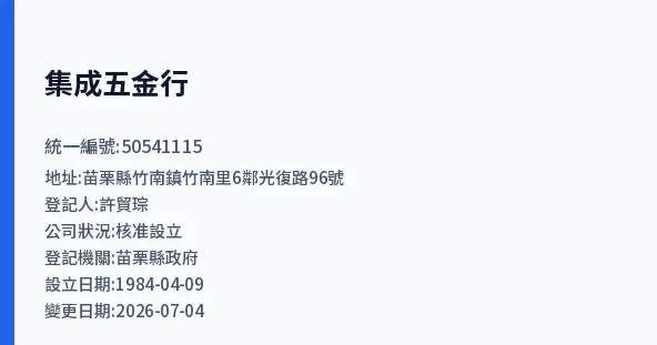 集成五金行的照片-統編 50541115(苗栗縣) 公司登記資料與營業項目詳細圖表