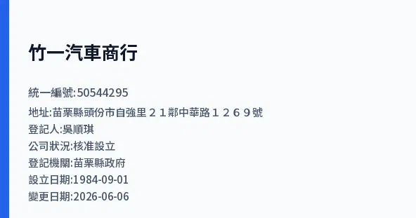 竹一汽車商行的照片-統編 50544295(苗栗縣) 公司登記資料與營業項目詳細圖表