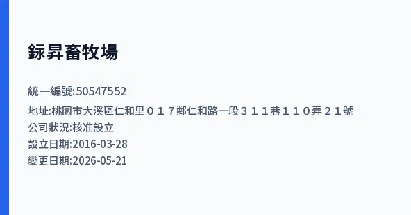 銢昇畜牧場的照片-統編 50547552(桃園市) 公司登記資料與營業項目詳細圖表