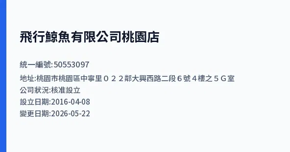 飛行鯨魚有限公司桃園店的照片-統編 50553097(桃園市) 公司登記資料與營業項目詳細圖表