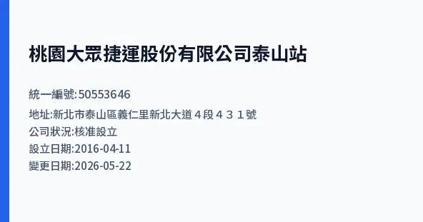 桃園大眾捷運股份有限公司泰山站的照片-統編 50553646(新北市) 公司登記資料與營業項目詳細圖表