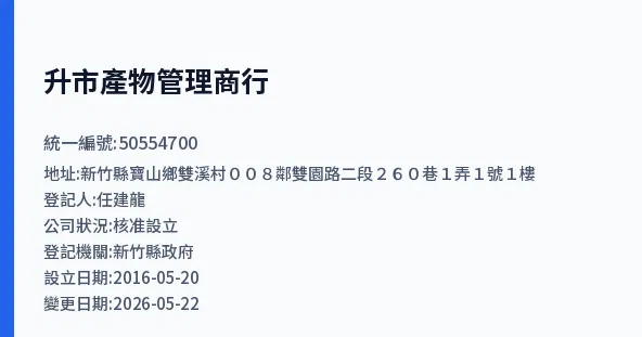 升市產物管理商行的照片-統編 50554700(新竹縣) 公司登記資料與營業項目詳細圖表