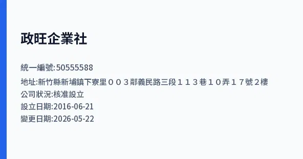 政旺企業社的照片-統編 50555588(新竹縣) 公司登記資料與營業項目詳細圖表