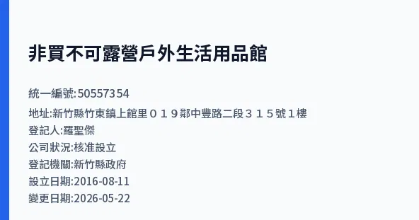 非買不可露營戶外生活用品館的照片-統編 50557354(新竹縣) 公司登記資料與營業項目詳細圖表