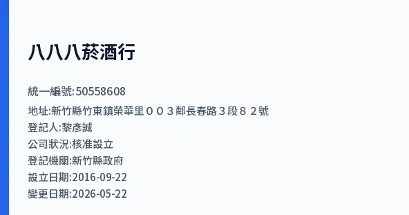 八八八菸酒行的照片-統編 50558608(新竹縣) 公司登記資料與營業項目詳細圖表