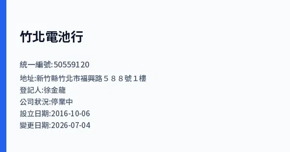 竹北電池行的照片-統編 50559120(新竹縣) 公司登記資料與營業項目詳細圖表