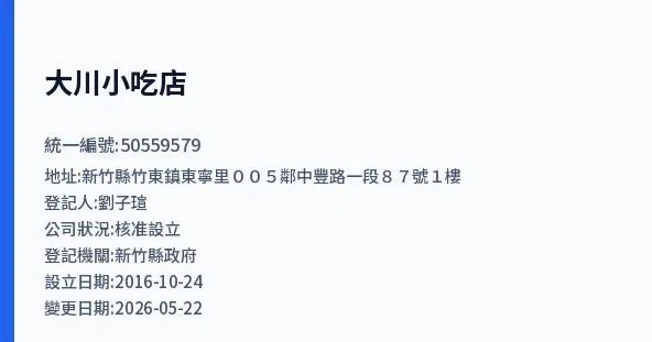 大川小吃店的照片-統編 50559579(新竹縣) 公司登記資料與營業項目詳細圖表
