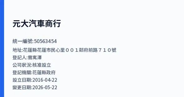 元大汽車商行的照片-統編 50563454(花蓮縣) 公司登記資料與營業項目詳細圖表