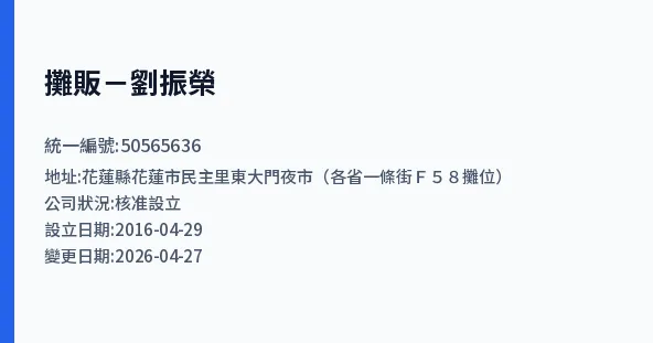 攤販-劉振榮的照片-統編 50565636(花蓮縣) 公司登記資料與營業項目詳細圖表