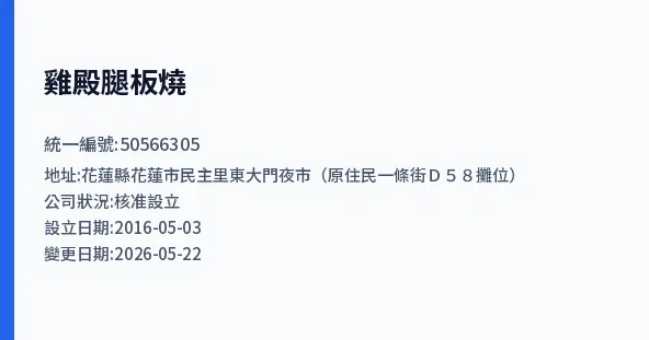 雞殿腿板燒的照片-統編 50566305(花蓮縣) 公司登記資料與營業項目詳細圖表