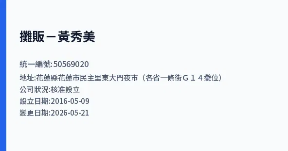 攤販-黃秀美的照片-統編 50569020(花蓮縣) 公司登記資料與營業項目詳細圖表
