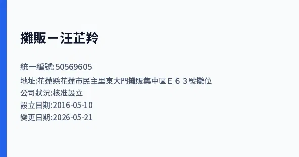 攤販-汪芷羚的照片-統編 50569605(花蓮縣) 公司登記資料與營業項目詳細圖表