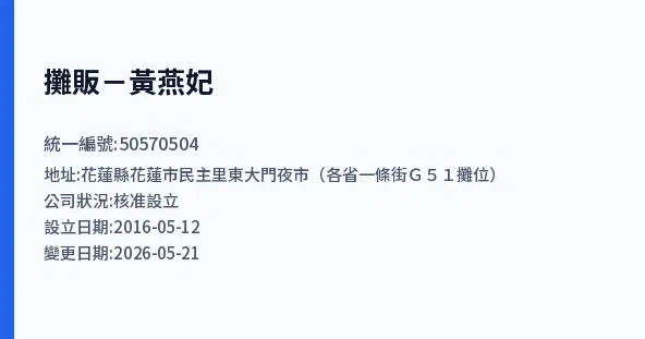 攤販-黃燕妃的照片-統編 50570504(花蓮縣) 公司登記資料與營業項目詳細圖表
