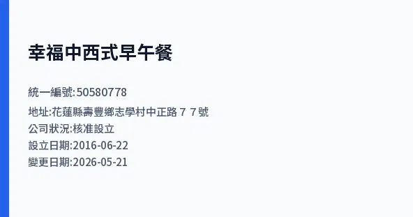 幸福中西式早午餐的照片-統編 50580778(花蓮縣) 公司登記資料與營業項目詳細圖表