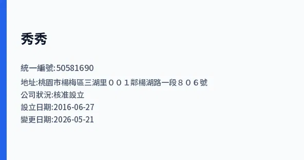 秀秀的照片-統編 50581690(桃園市) 公司登記資料與營業項目詳細圖表