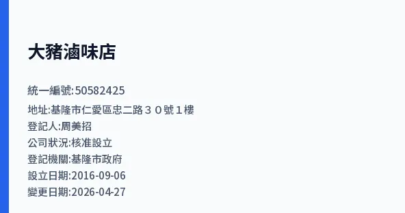 大豬滷味店的照片-統編 50582425(基隆市) 公司登記資料與營業項目詳細圖表