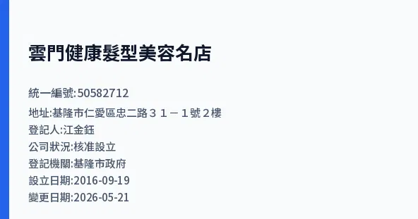 雲門健康髮型美容名店的照片-統編 50582712(基隆市) 公司登記資料與營業項目詳細圖表