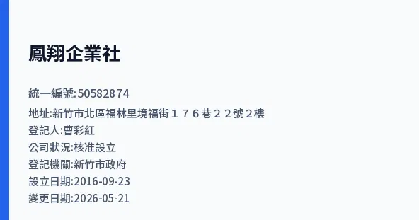 鳳翔企業社的照片-統編 50582874(新竹市) 公司登記資料與營業項目詳細圖表
