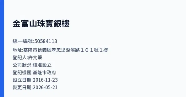 金富山珠寶銀樓的照片-統編 50584113(基隆市) 公司登記資料與營業項目詳細圖表