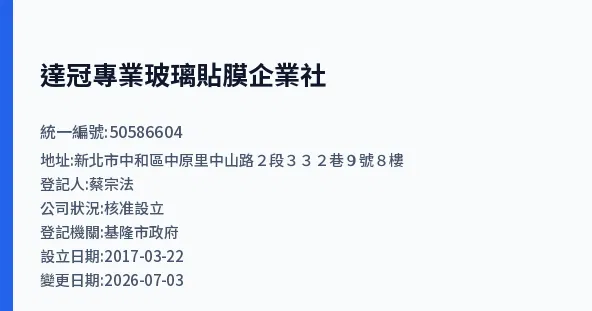 達冠專業玻璃貼膜企業社的照片-統編 50586604(新北市) 公司登記資料與營業項目詳細圖表