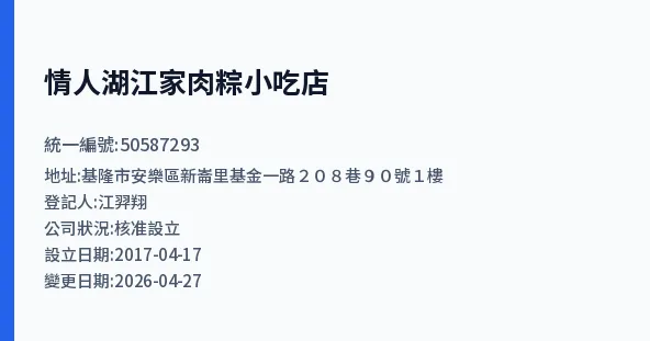 情人湖江家肉粽小吃店的照片-統編 50587293(基隆市) 公司登記資料與營業項目詳細圖表