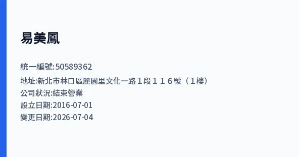 易美鳳的照片-統編 50589362(新北市) 公司登記資料與營業項目詳細圖表
