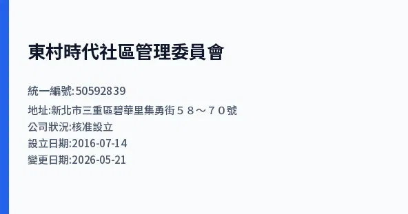 東村時代社區管理委員會的照片-統編 50592839(新北市) 公司登記資料與營業項目詳細圖表