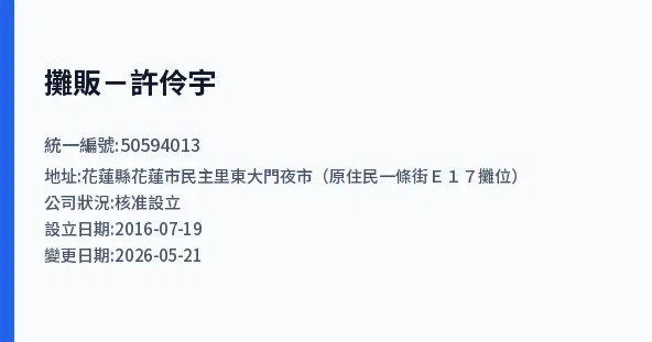 攤販-許伶宇的照片-統編 50594013(花蓮縣) 公司登記資料與營業項目詳細圖表